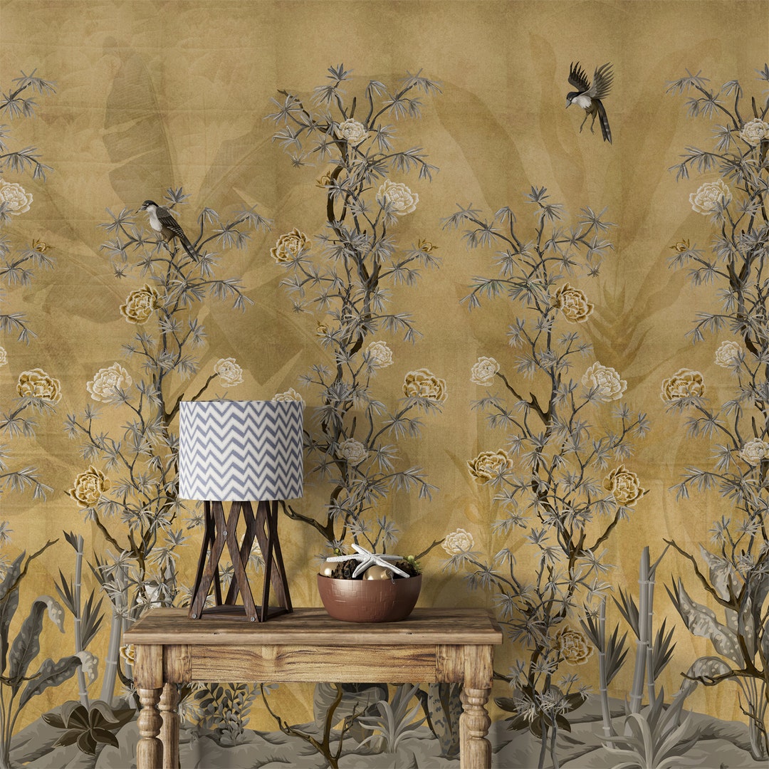 Yellow Chinoiserie Wallpaper With Blossom Trees / Removable Traditional ...