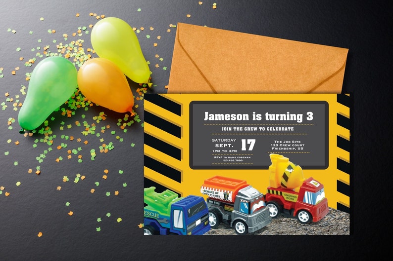 Construction Trucks Kids Birthday Party Invitation Template Join the ...