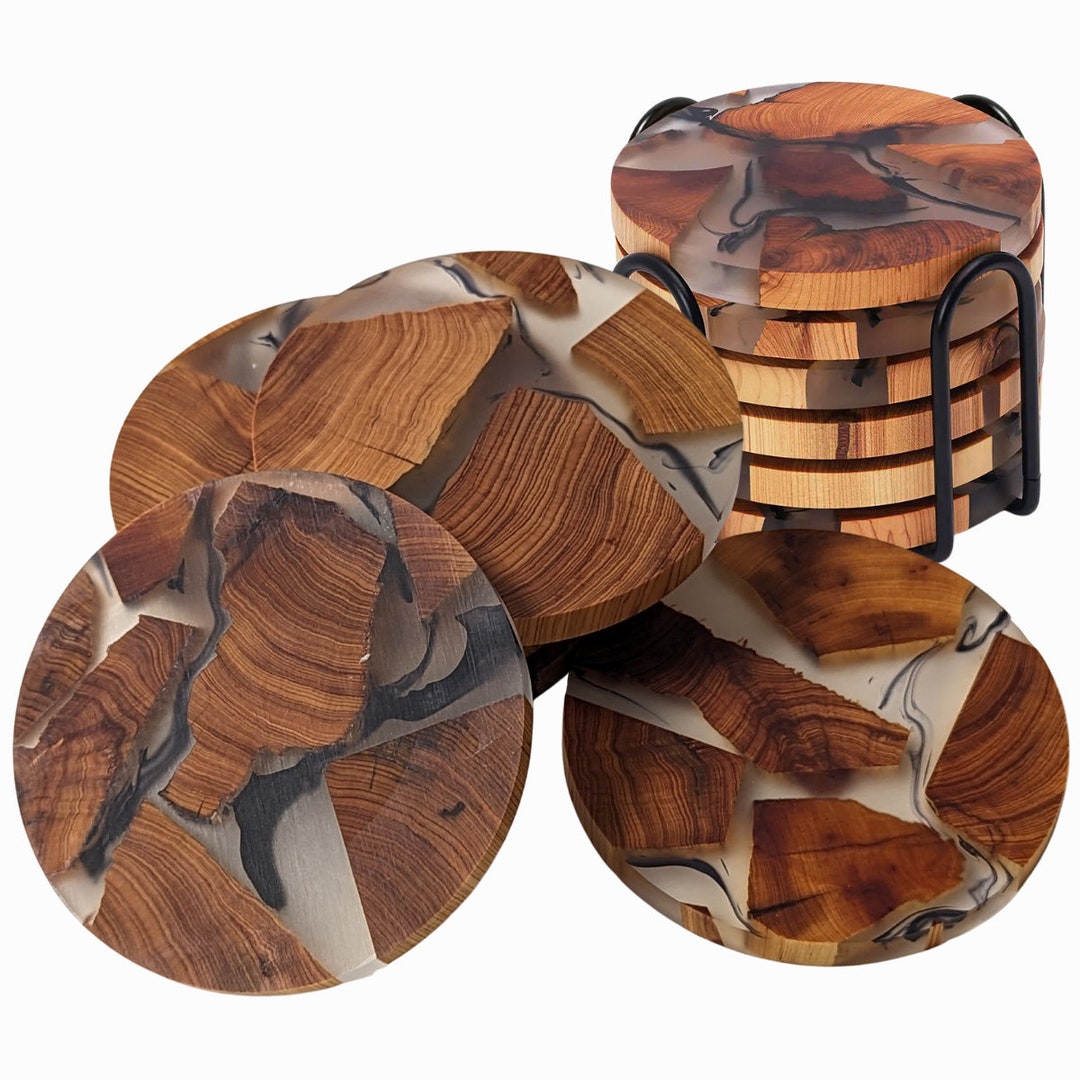 Premium Wooden Coasters With Holder Set of 6 Round Cedar Wood & Resin ...