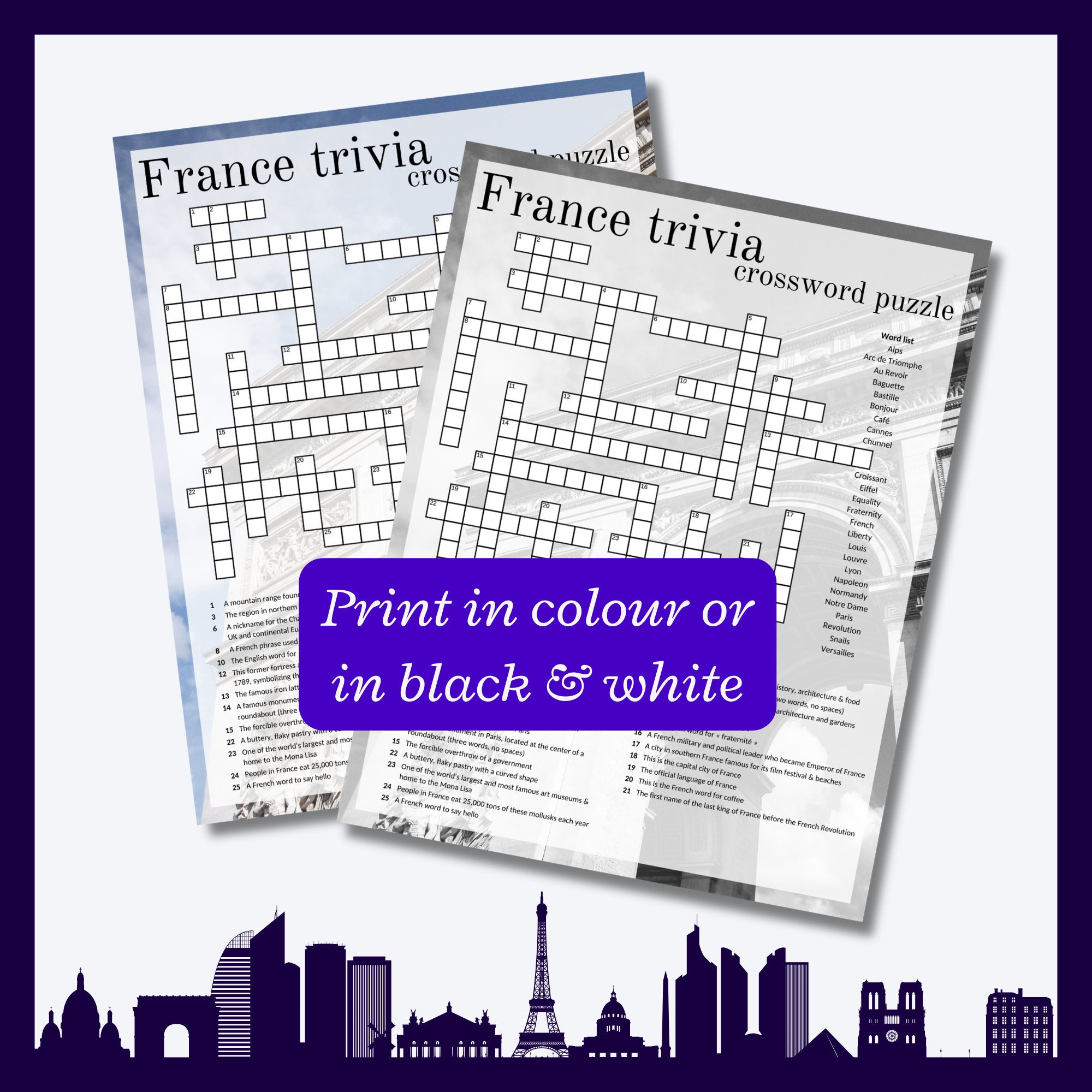 France Trivia Crossword Puzzle for Adults & Teens Perfect Cross Word ...