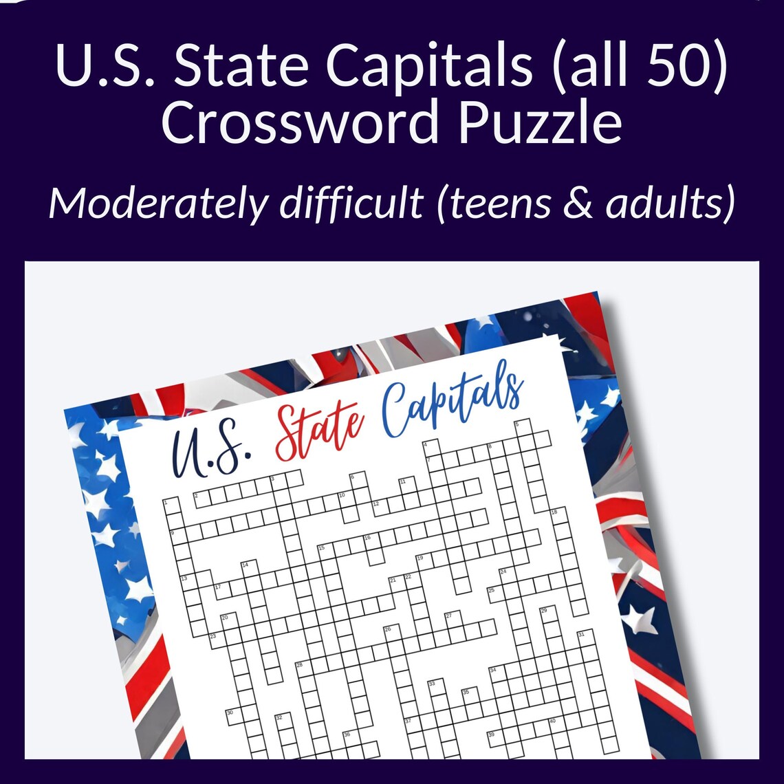 U.S. State Capital Crossword Puzzle Including All 50 States. Great July ...