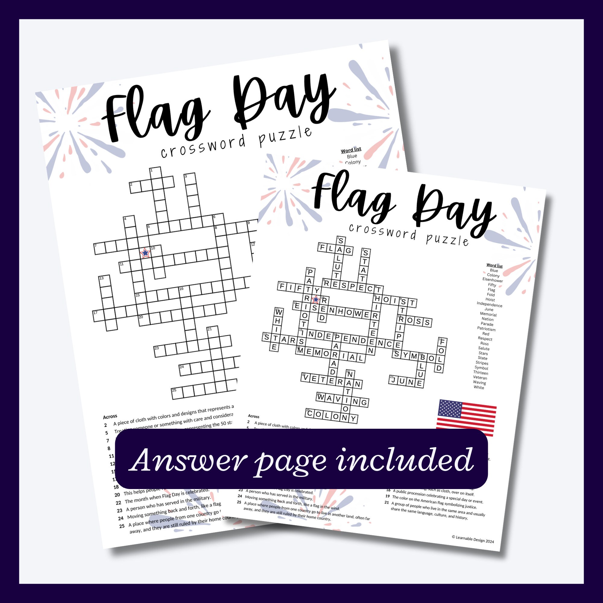 Flag Day Crossword Puzzle. Great Cross Word Puzzle for Summer Parties ...