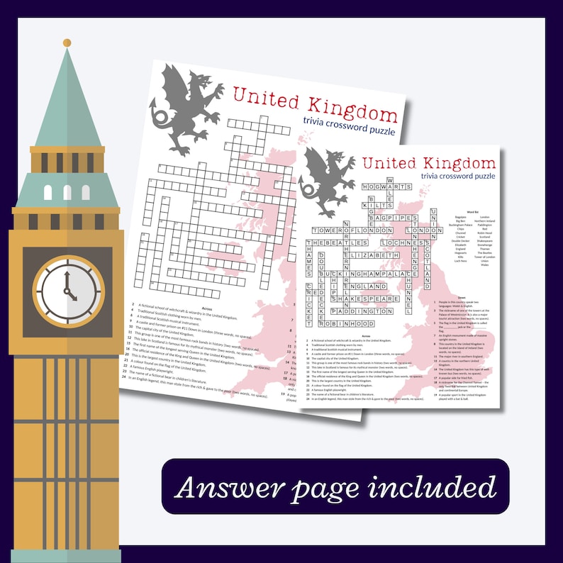 UK Trivia Crossword Puzzle: British Learning Activity (digital Download ...