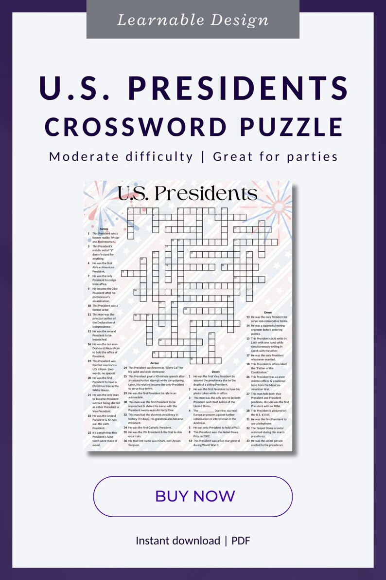 US Presidents Crossword Puzzle: History Game for Teens/adults (digital ...