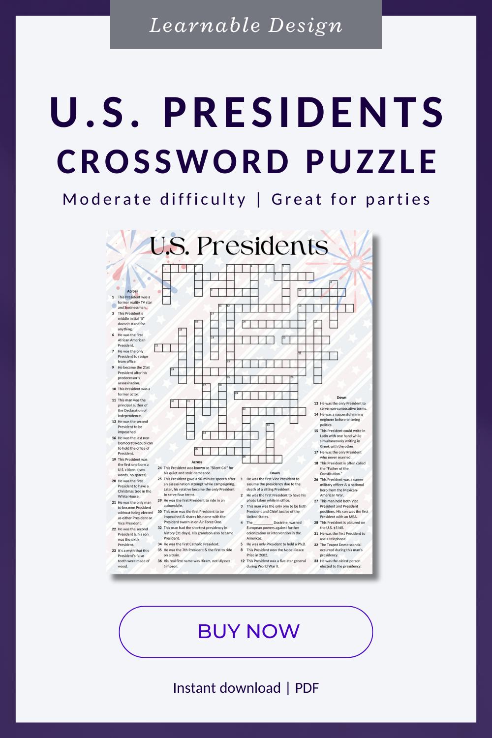US Presidents Crossword Puzzle: History Game for Teens/adults (digital ...