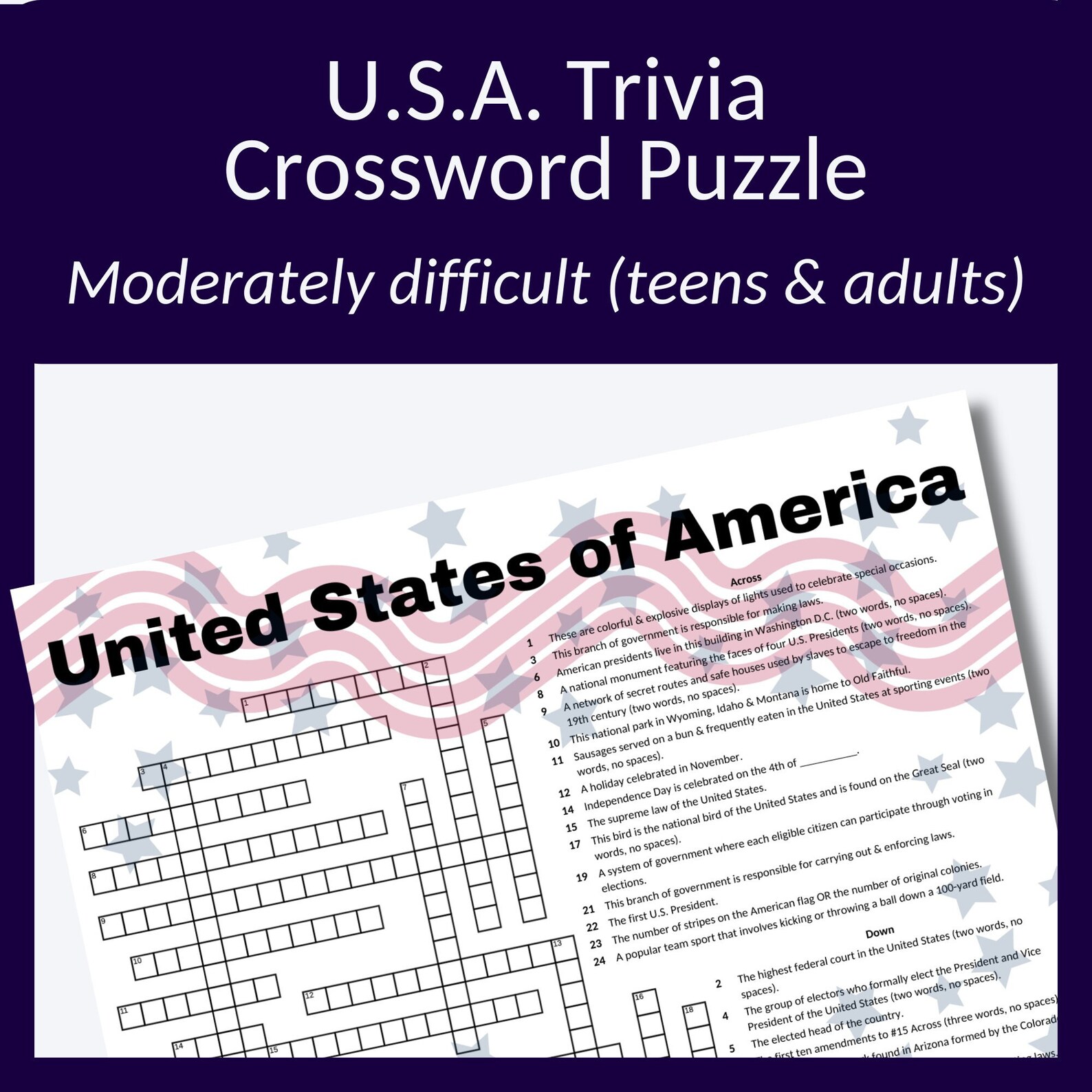 USA Trivia Crossword Puzzle for Fourth of July Parties, Family Reunion ...