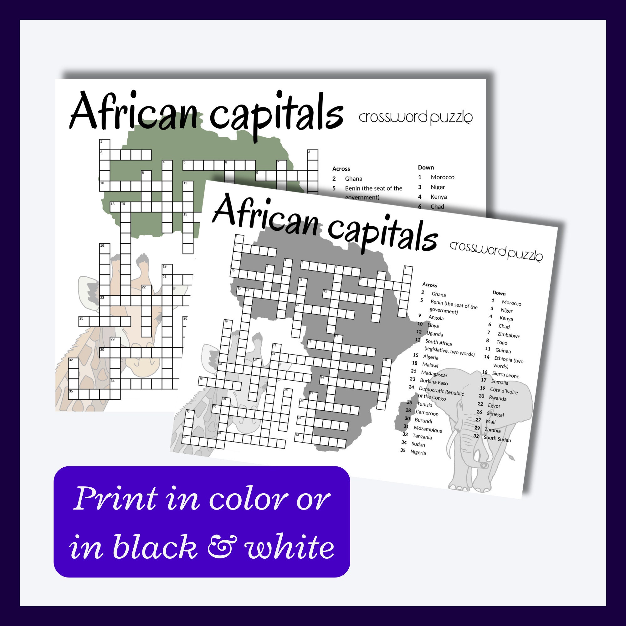 African Capitals Crossword Puzzle: Geography Game (digital Download) - Etsy