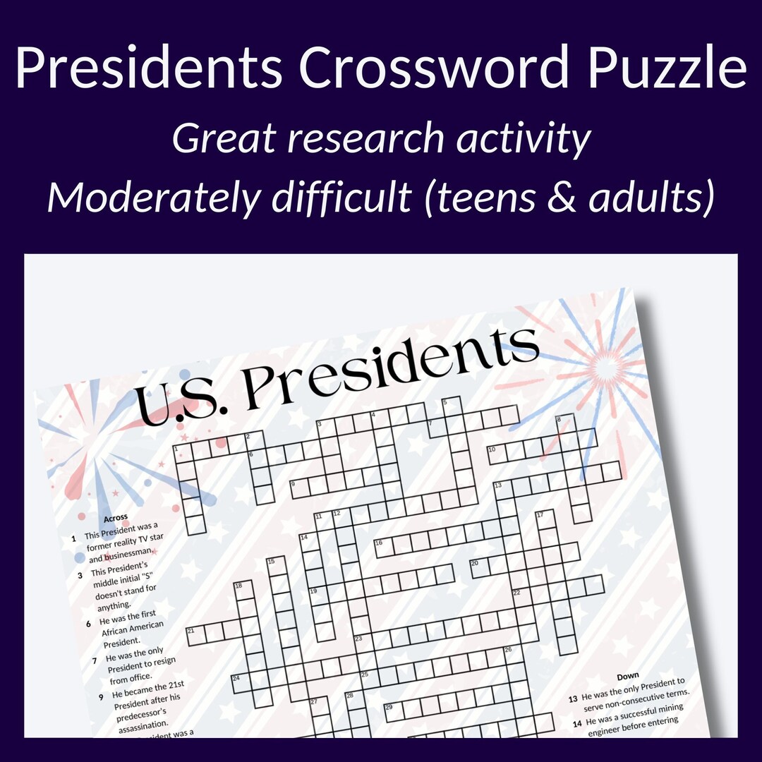 US Presidents Crossword Puzzle: History Game for Teens/adults (digital ...