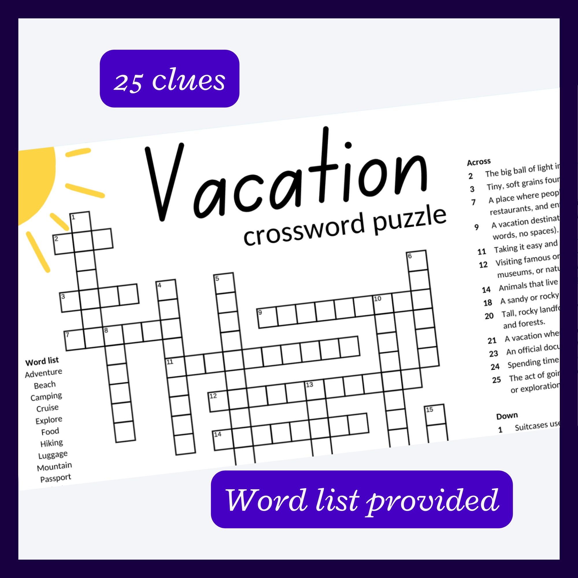 Vacation Crossword Puzzle! the Perfect Summer Activity or Family ...
