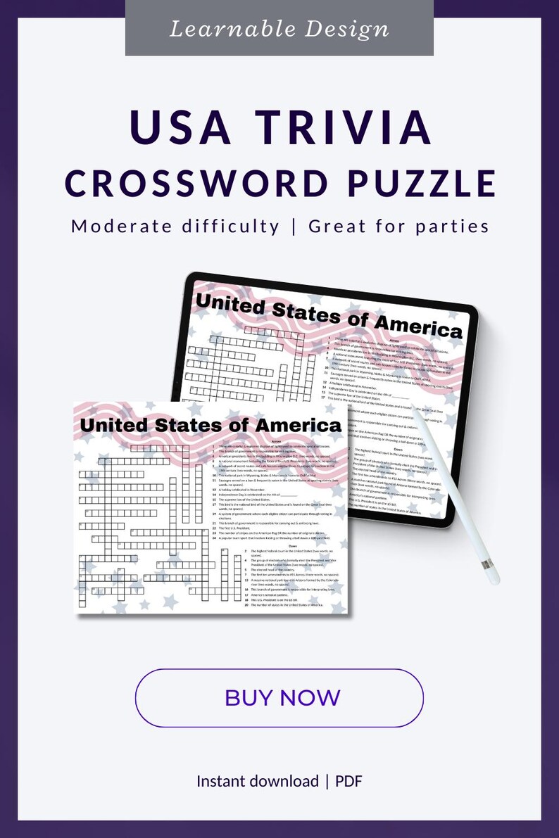USA Trivia Crossword Puzzle for Fourth of July Parties, Family Reunion ...