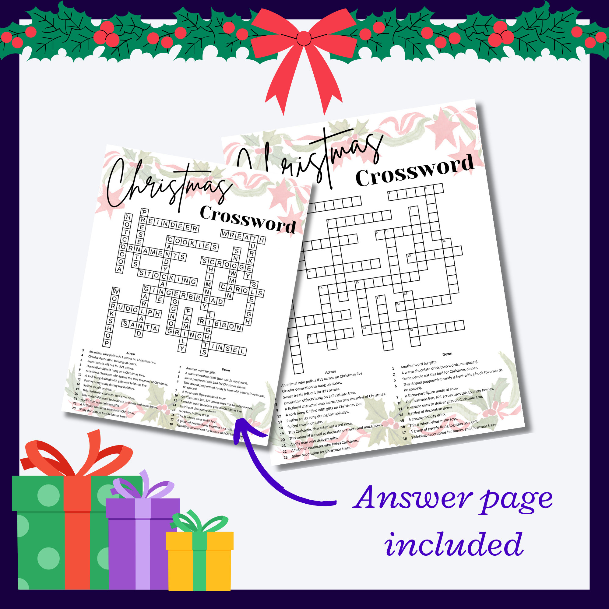 Hard! Christmas Crossword Puzzle for Christmas Parties. Great Non ...