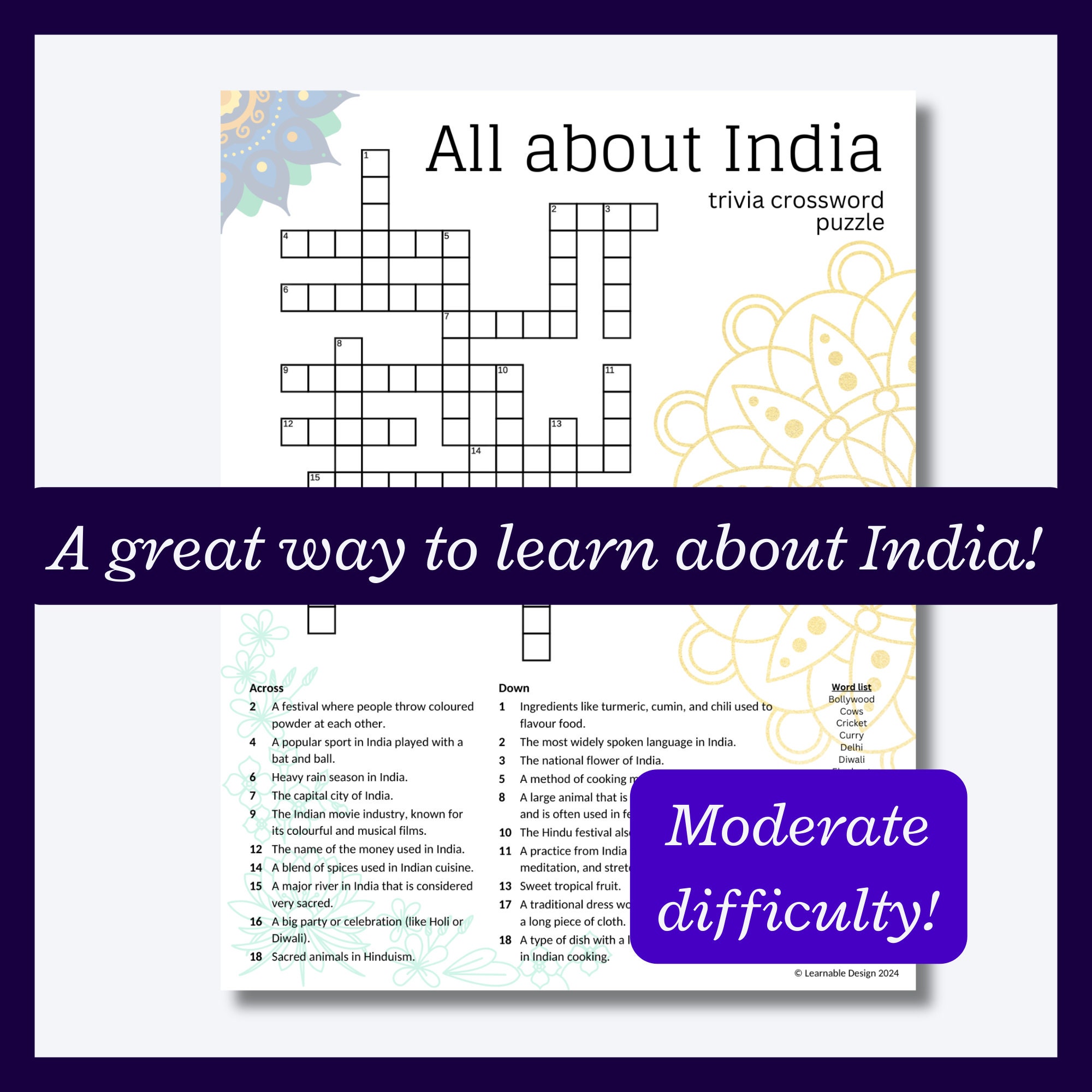 India Crossword Puzzle— Learn About India With This Trivia Puzzle! - Etsy