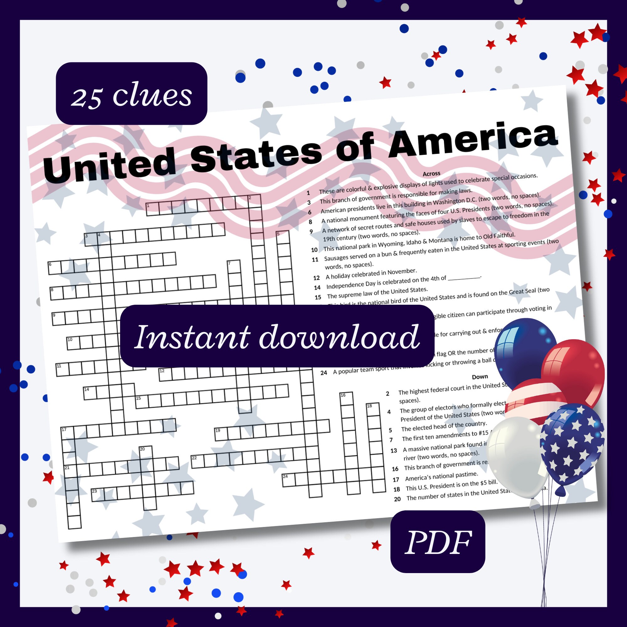 USA Trivia Crossword Puzzle for Fourth of July Parties, Family Reunion ...