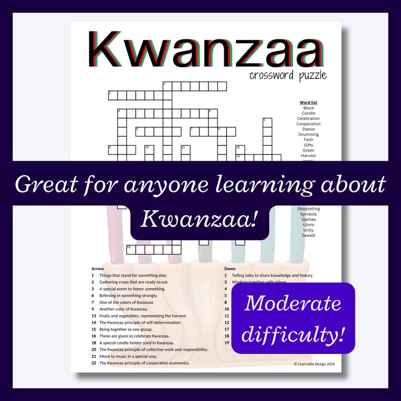 Kwanzaa Crossword Puzzle: Cultural Activity for Teens & Adults (digital ...
