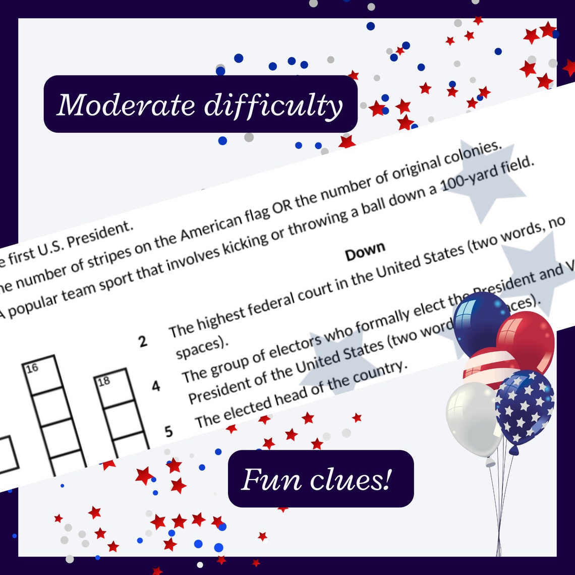 USA Trivia Crossword Puzzle for Fourth of July Parties, Family Reunion ...