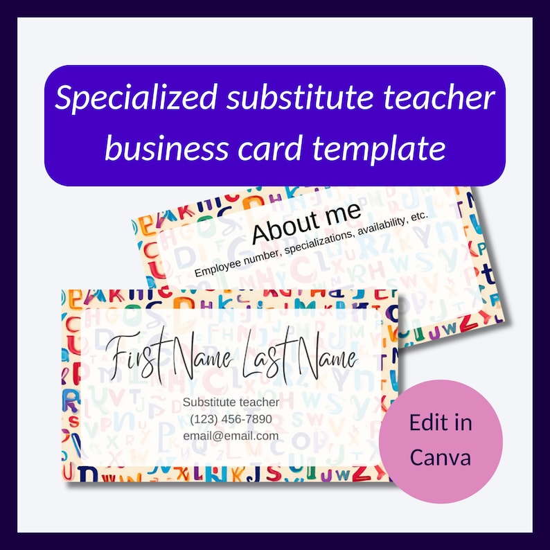 Substitute Teacher Business Card Design for Canva. Great Tutor Business ...