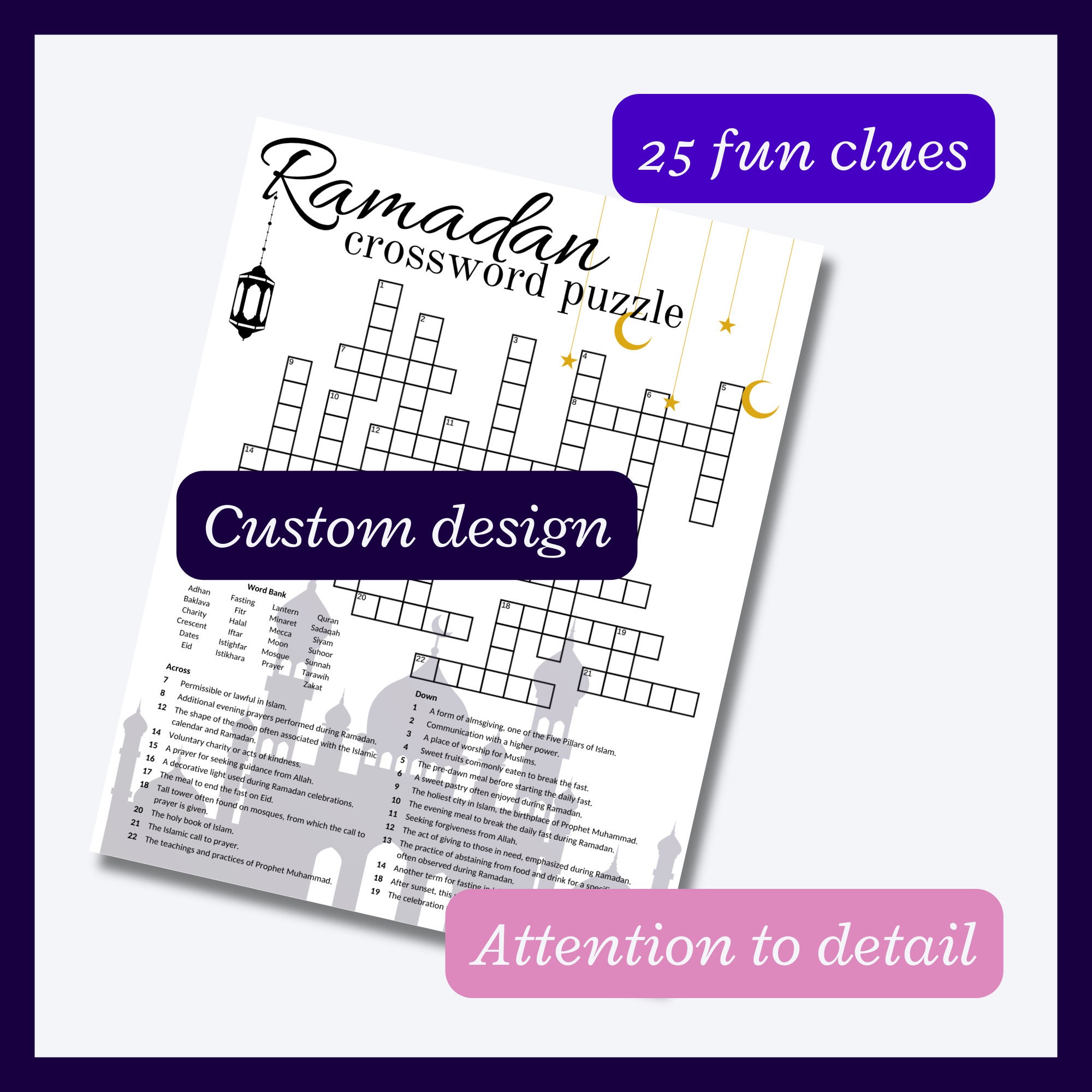 Ramadan Crossword Puzzle for Parties or to Learn About Ramadan. Great ...