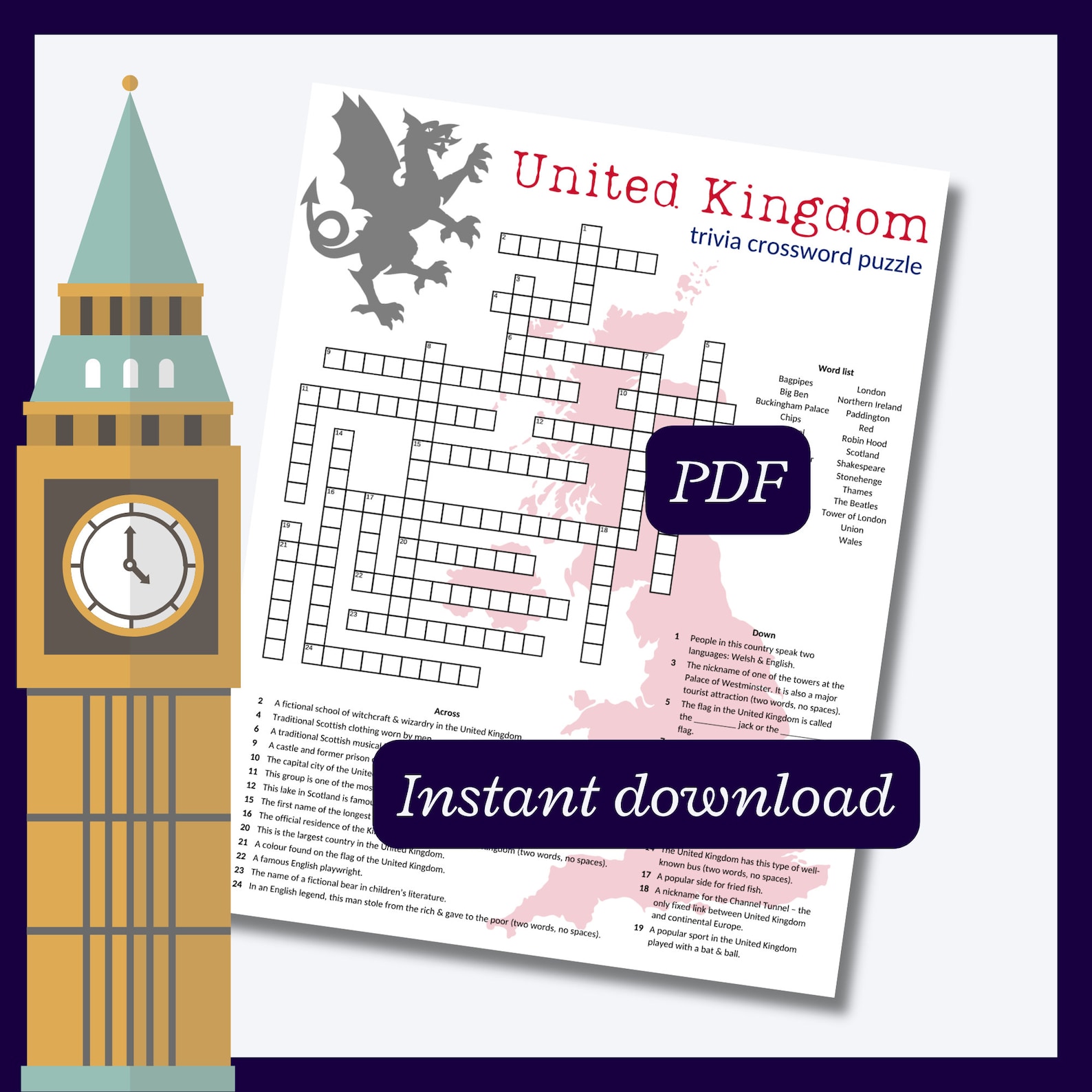 UK Trivia Crossword Puzzle: British Learning Activity (digital Download ...