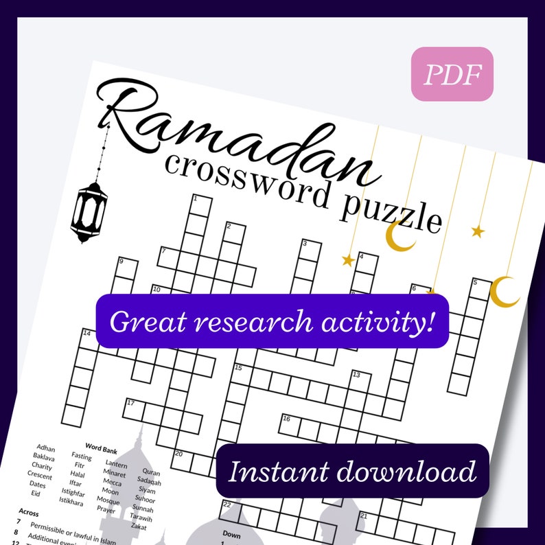 Ramadan Crossword Puzzle for Parties or to Learn About Ramadan. Great ...