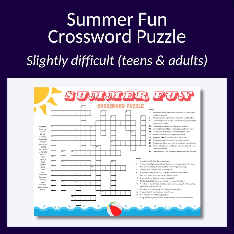 Summer Crossword Puzzle— Perfect Cross Word Puzzle for End-of-year ...