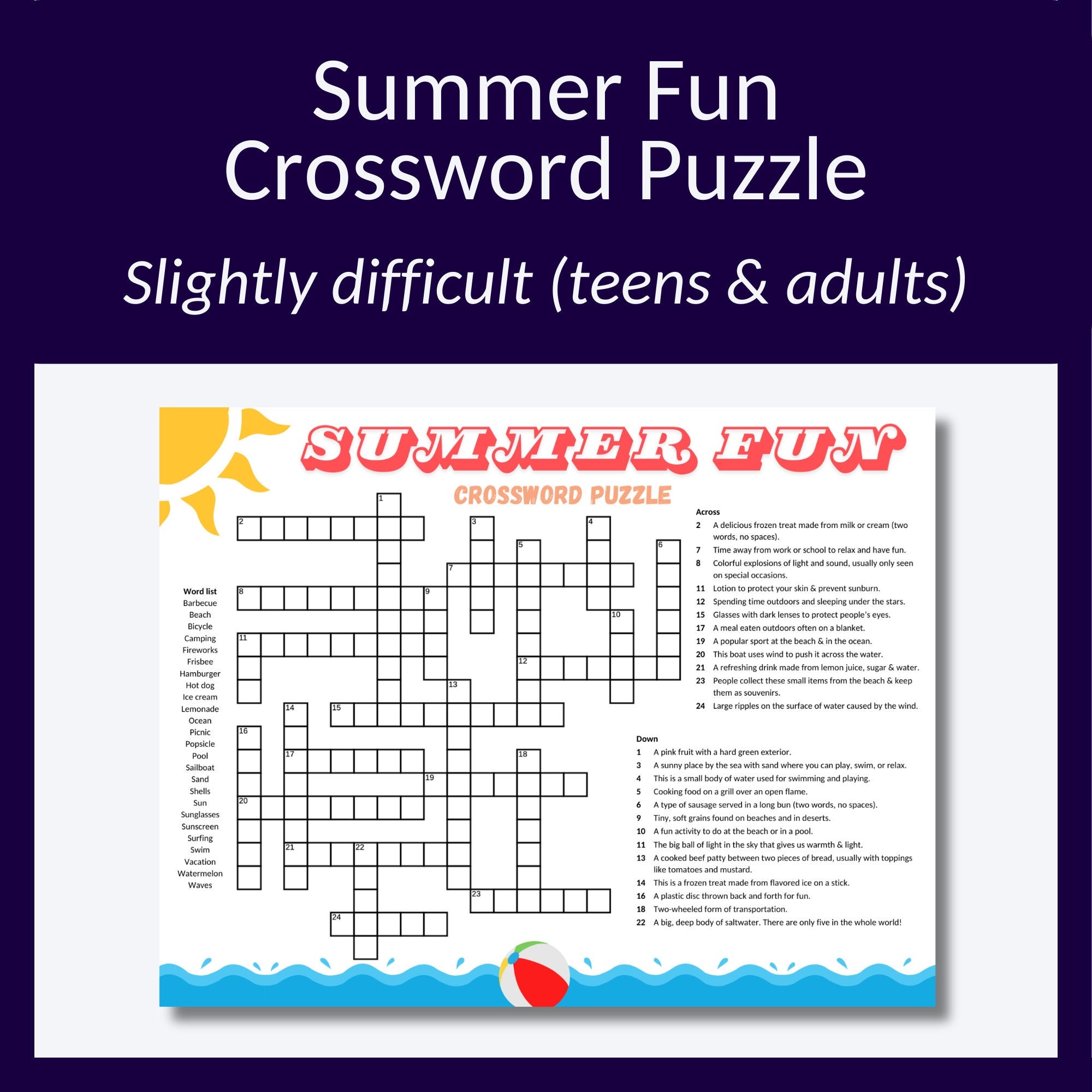 Summer Crossword Puzzle— Perfect Cross Word Puzzle for End-of-year ...