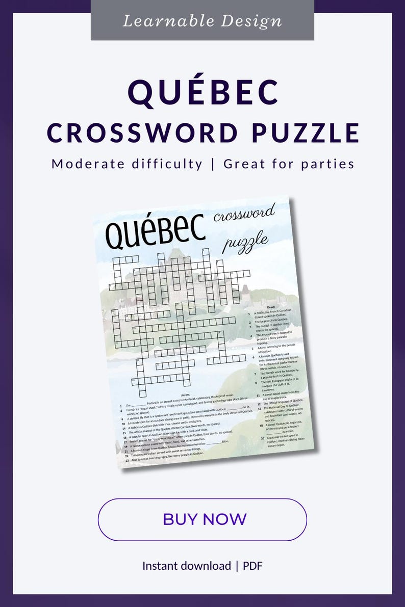 Québec Trivia Crossword Puzzle: Educational Travel Game (digital ...
