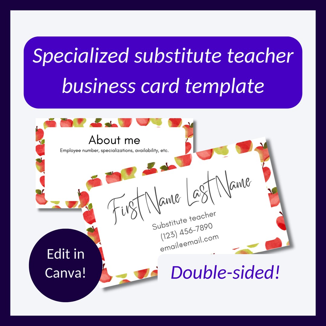 Substitute Teacher Business Card Design for Canva. Great Tutor Business ...
