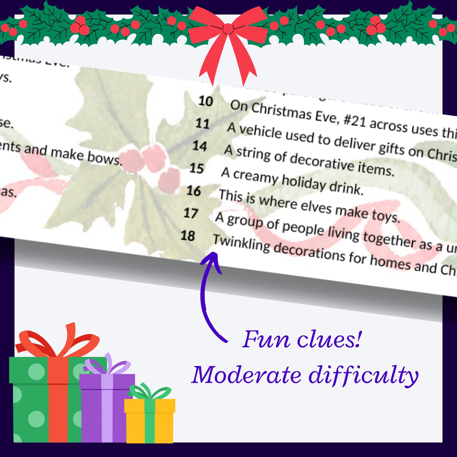 Hard! Christmas Crossword Puzzle for Christmas Parties. Great Non ...