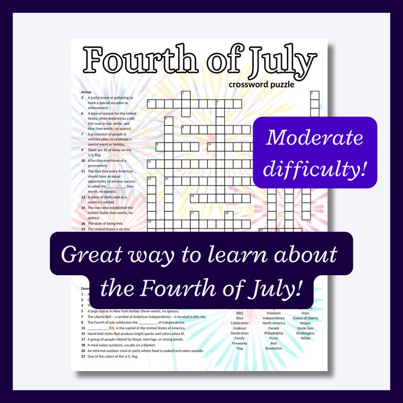 Fourth of July Crossword Puzzle Perfect for Fourth of July Parties ...