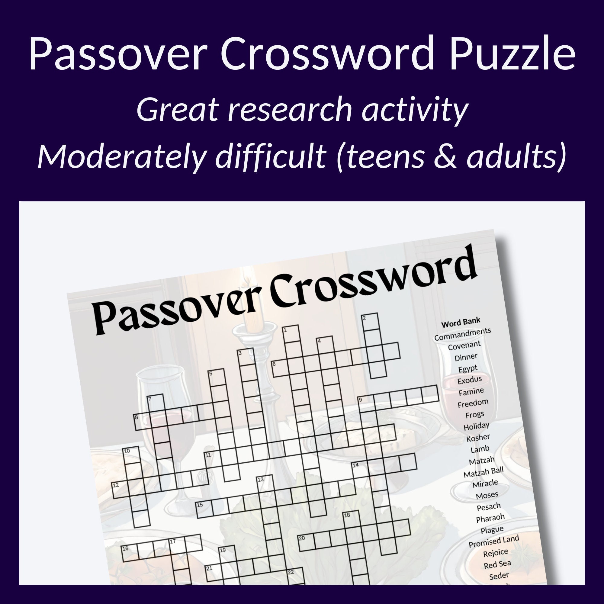 Passover Crossword Puzzle: Jewish Holiday Activity (digital Download ...