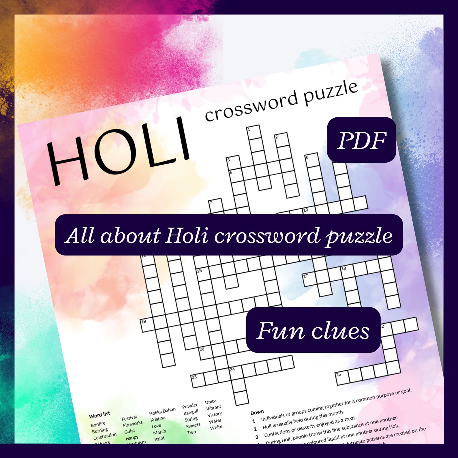 Holi Crossword Puzzle for Parties or to Build Vocabulary. Perfect ...