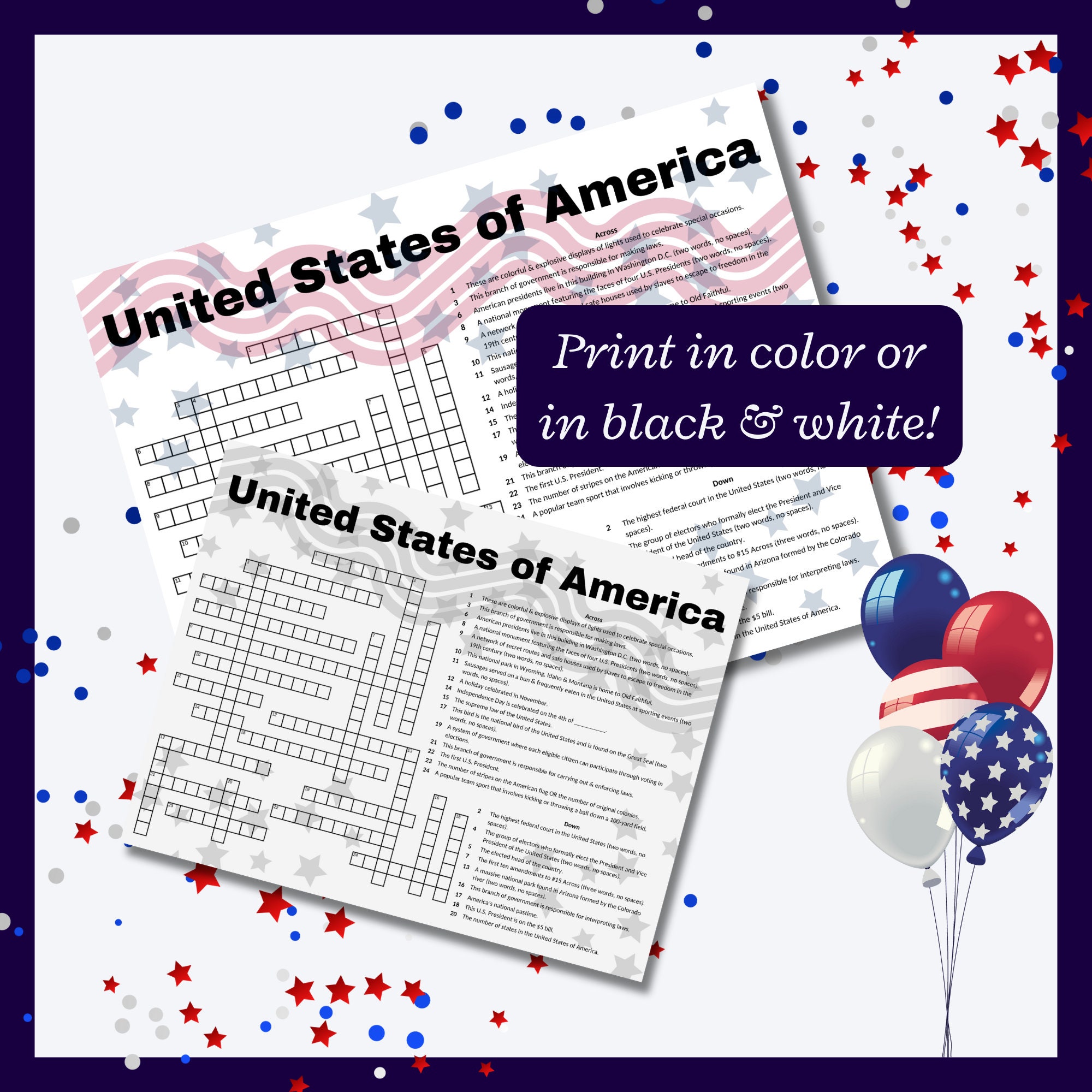 USA Trivia Crossword Puzzle for Fourth of July Parties, Family Reunion ...