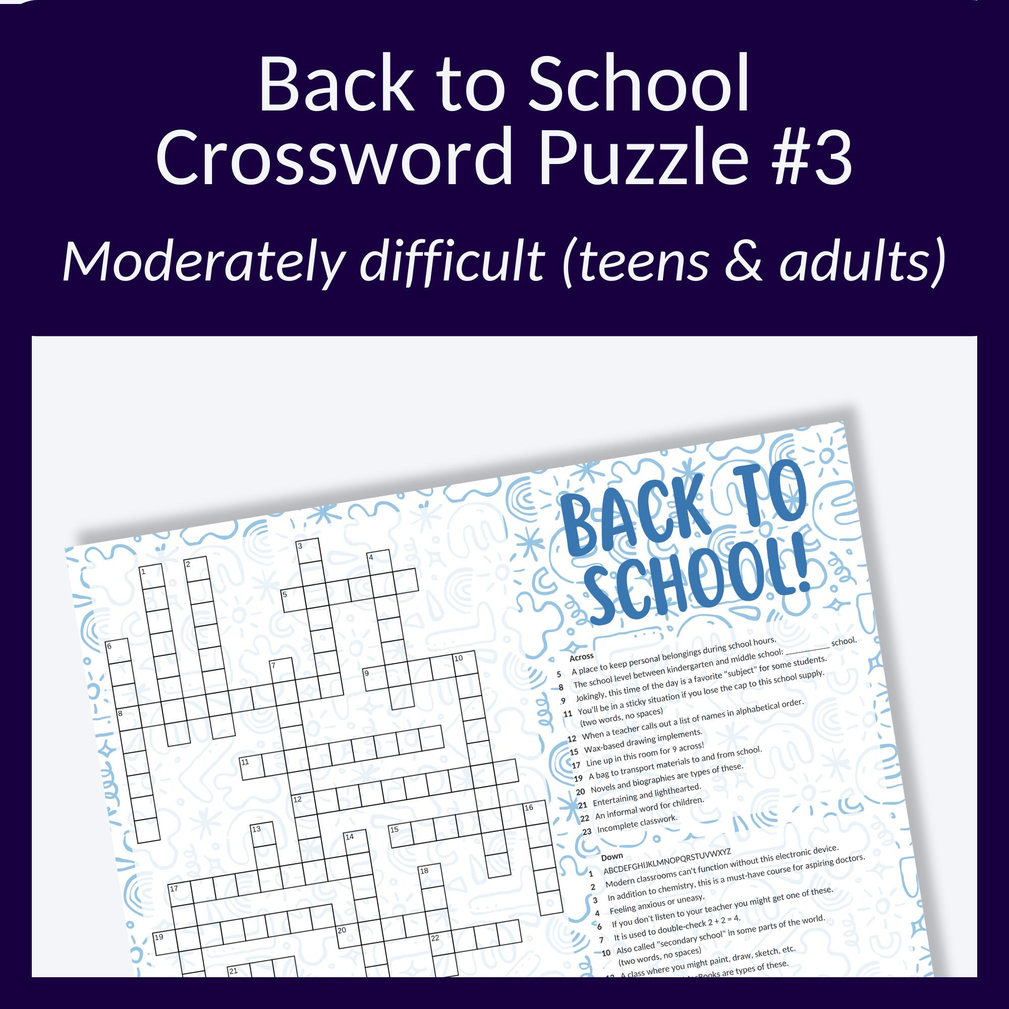 Back to School Crossword Puzzle Word Game. Hard Cross Word Puzzle for ...