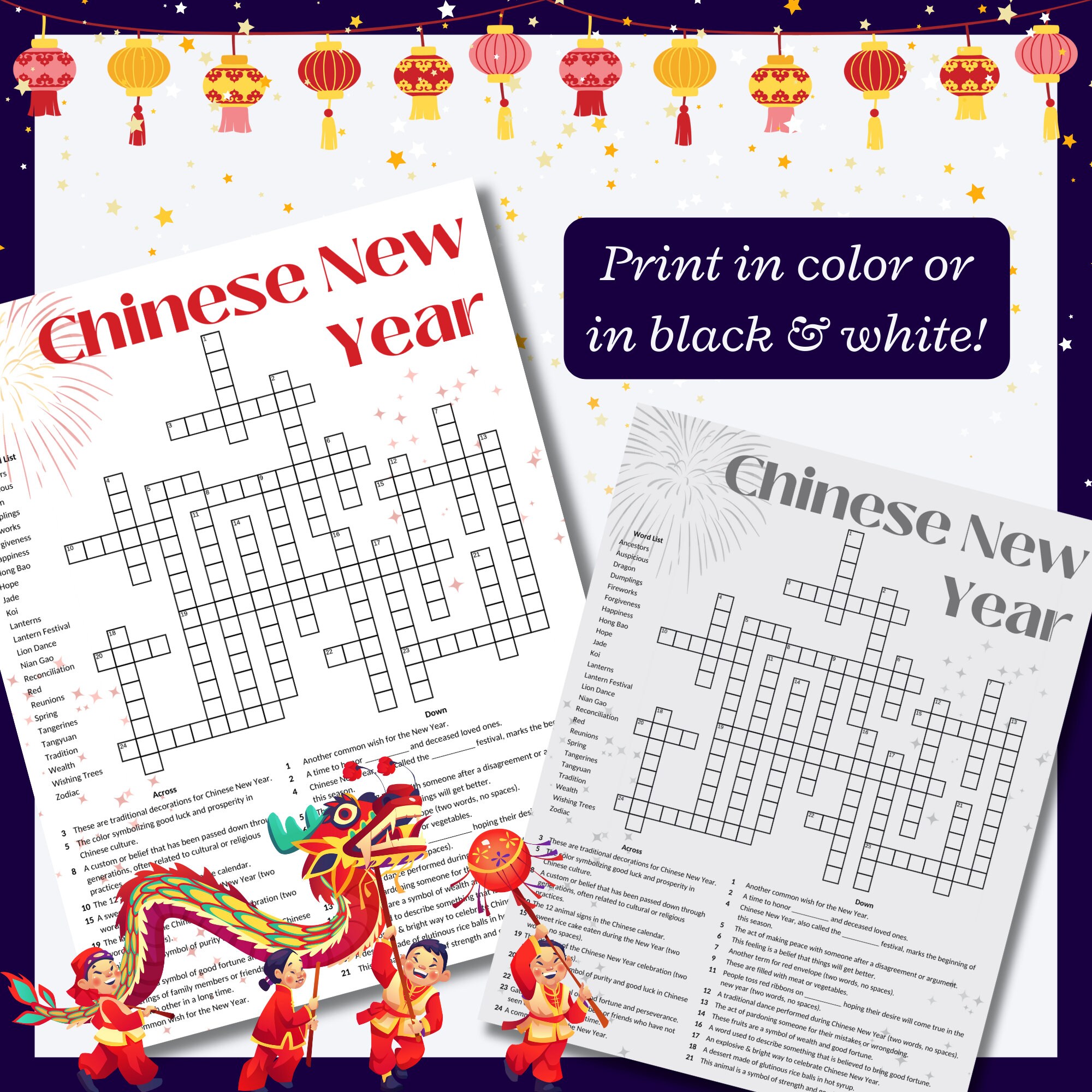Chinese New Year Crossword Puzzle for Parties, Vocabulary Building or ...