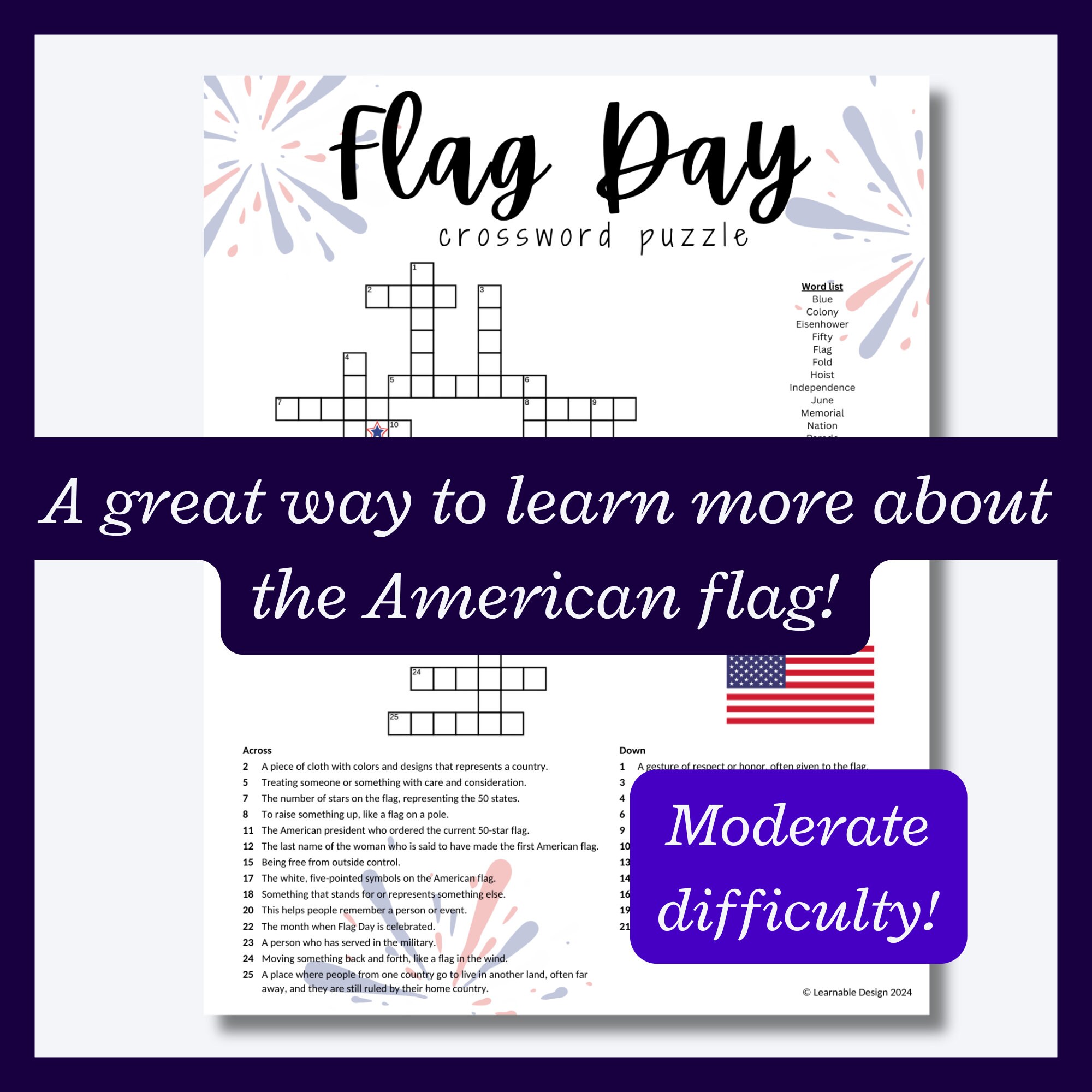 Flag Day Crossword Puzzle. Great Cross Word Puzzle for Summer Parties ...