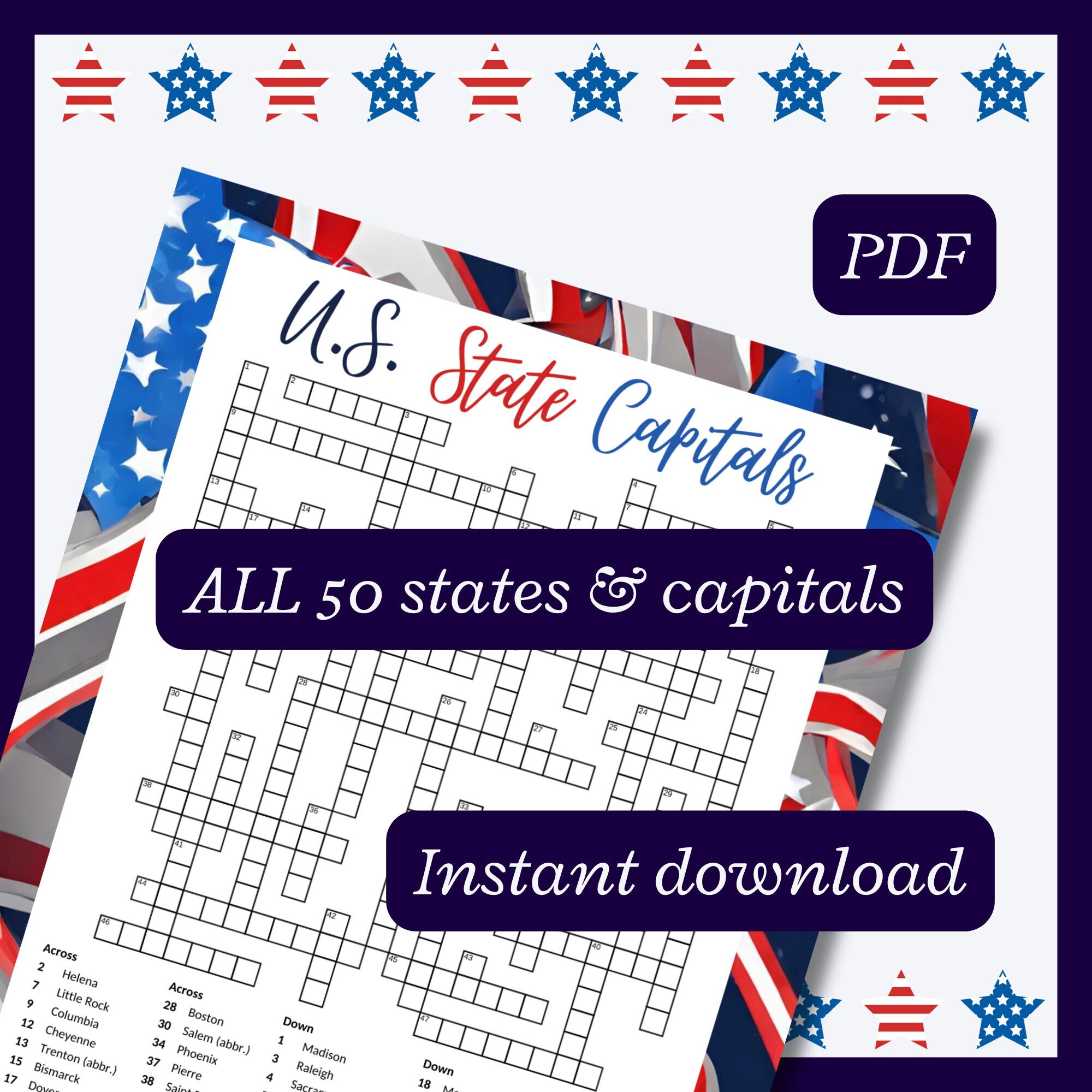 U.S. State Capital Crossword Puzzle Including All 50 States. Great July ...