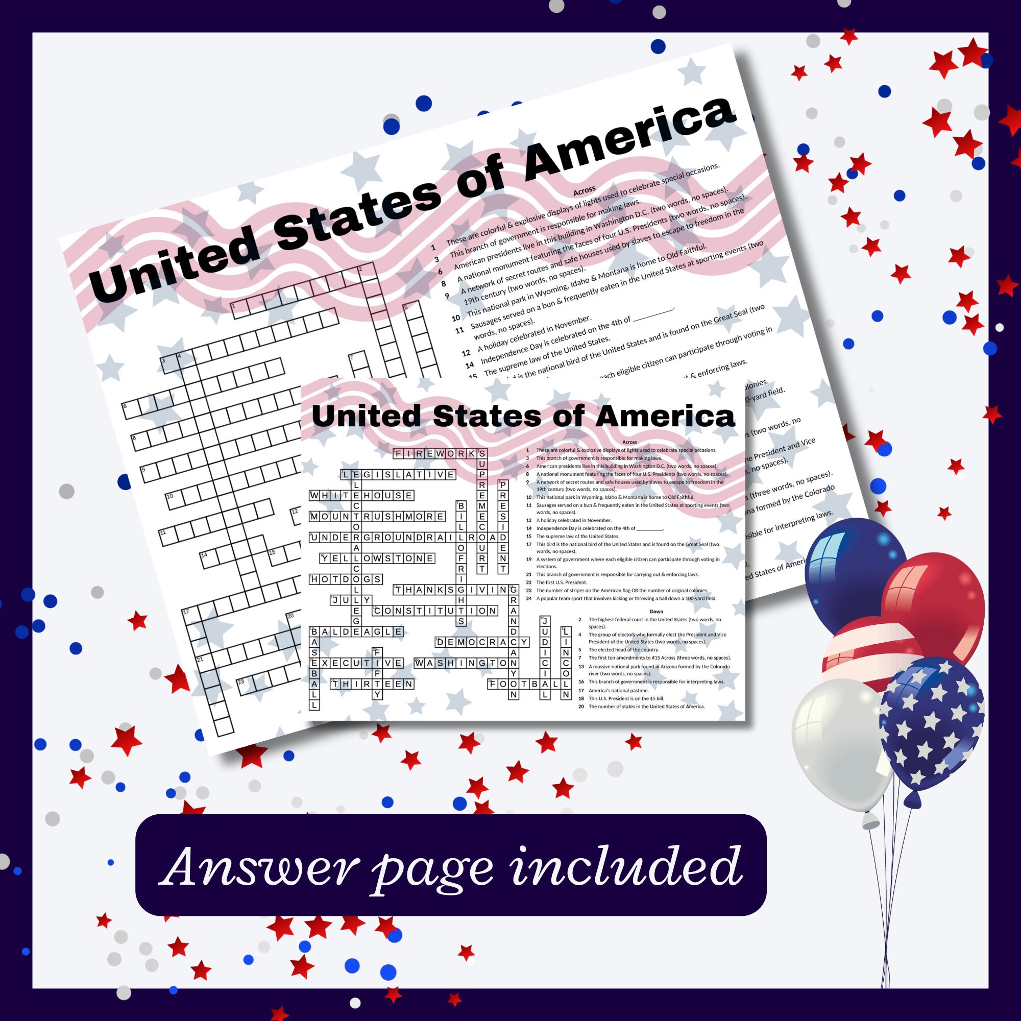 USA Trivia Crossword Puzzle for Fourth of July Parties, Family Reunion ...