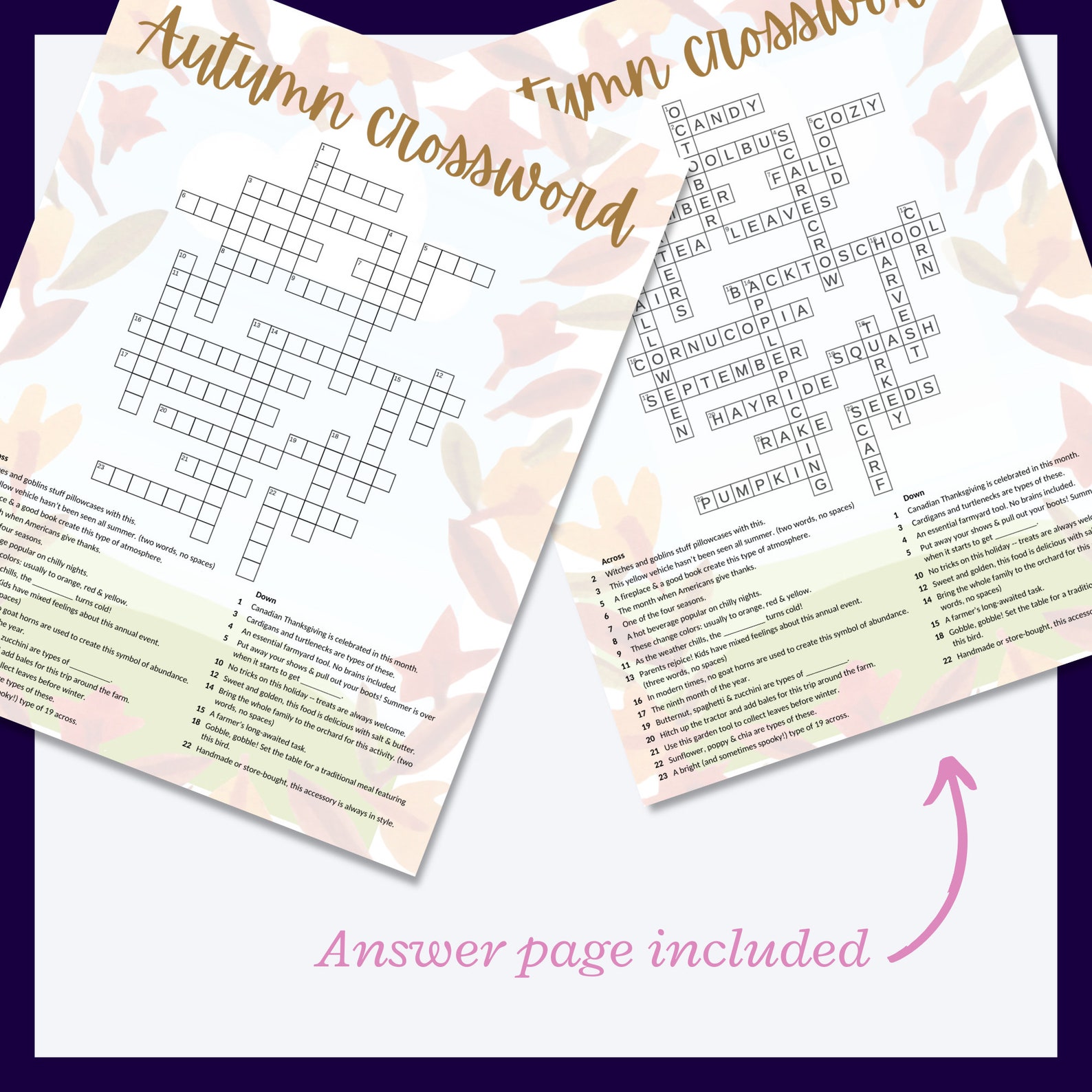Fall Crossword Puzzle Perfect for Fall Weddings! Autumn Cross Word ...