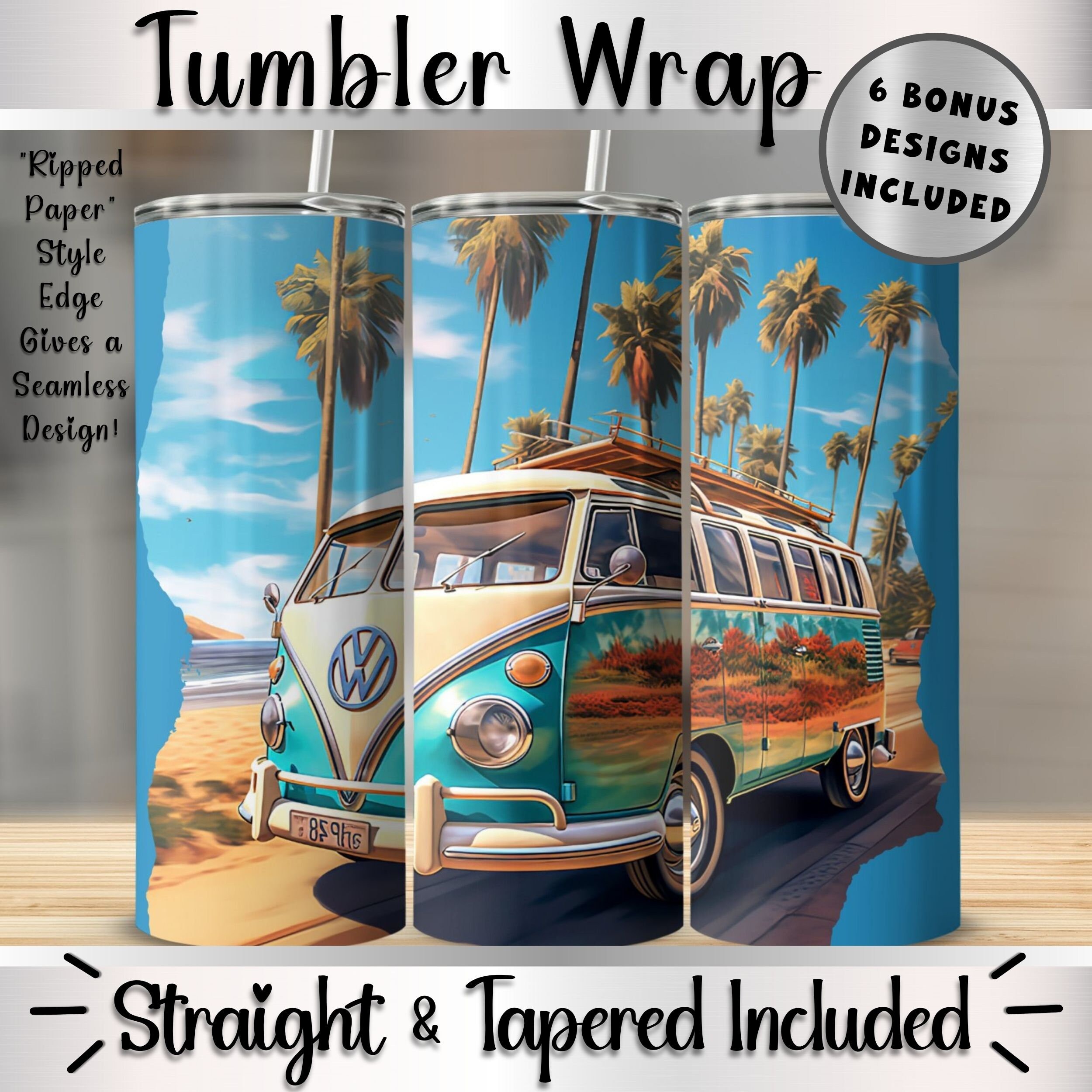 Vw Bus Blue Beach Seamless Tumbler Wrap 20 Oz Skinny Straight And Tapered Tumbler Sublimation