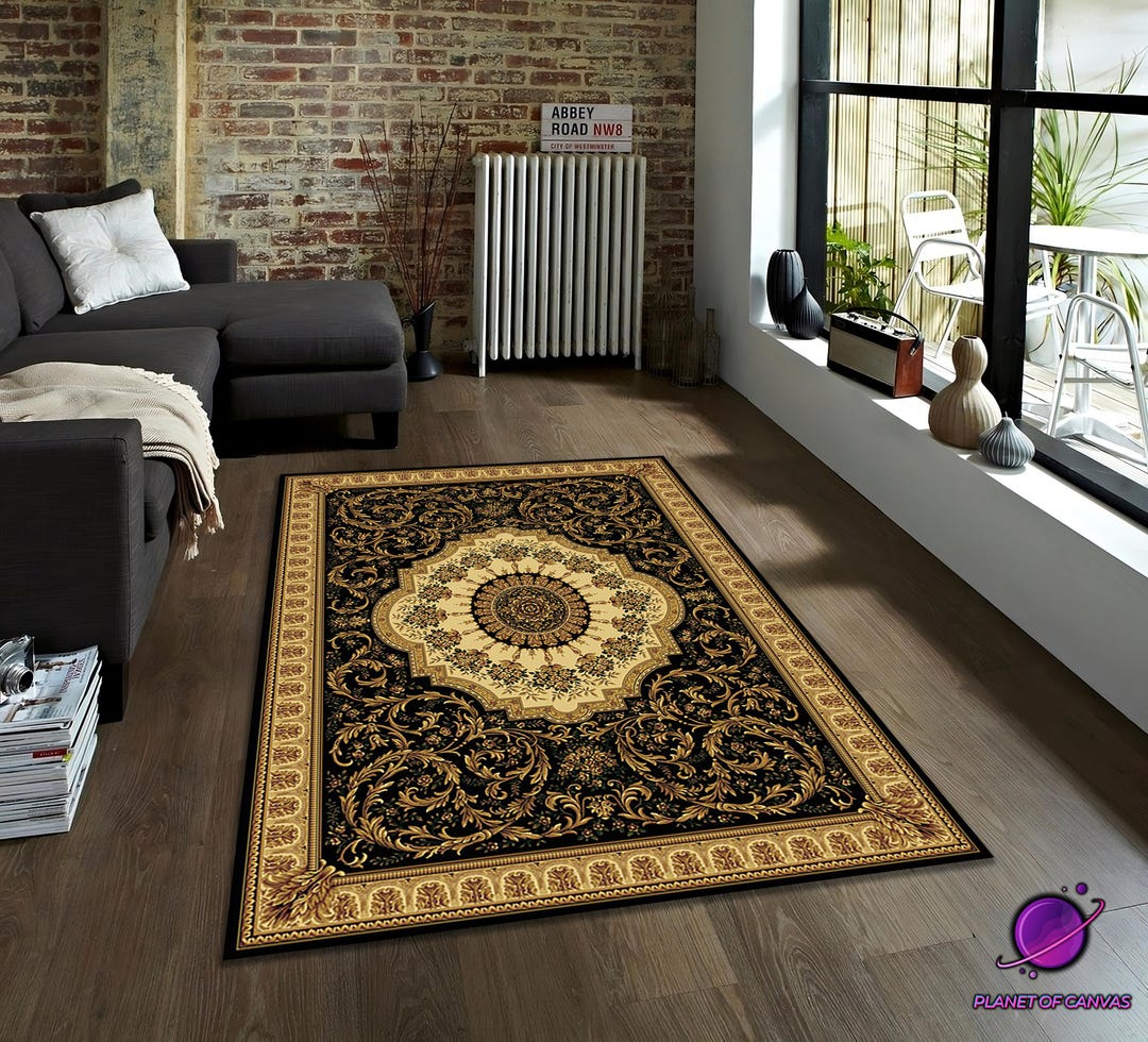 Black Gold Baroque Rug With Ornate Medallion Pattern, Elegant Luxury ...