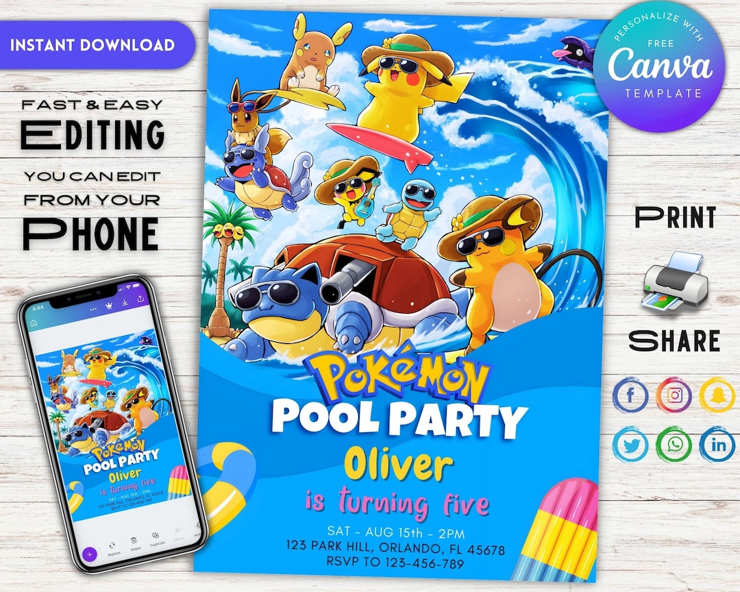Pokemon Pool Party Birthday Invitation Pikachu Pool Party - Etsy España