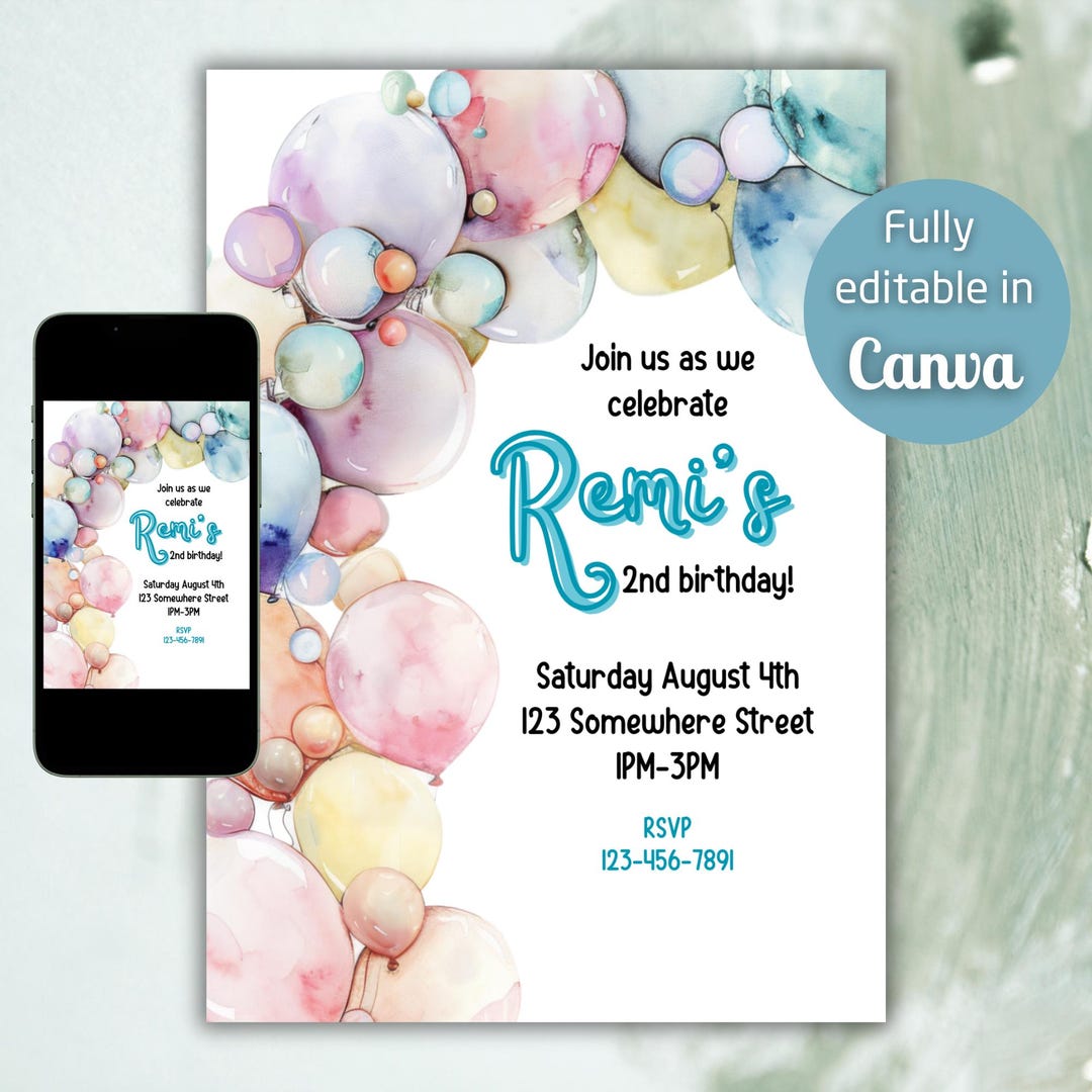 Pastel Balloons Kids Party Invitation, Editable Template, Printable ...