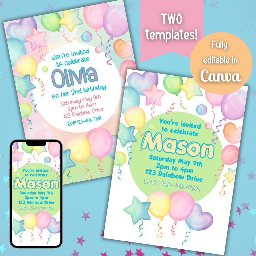 Editable Rainbow Birthday Invitation, Balloon Birthday Invitation ...
