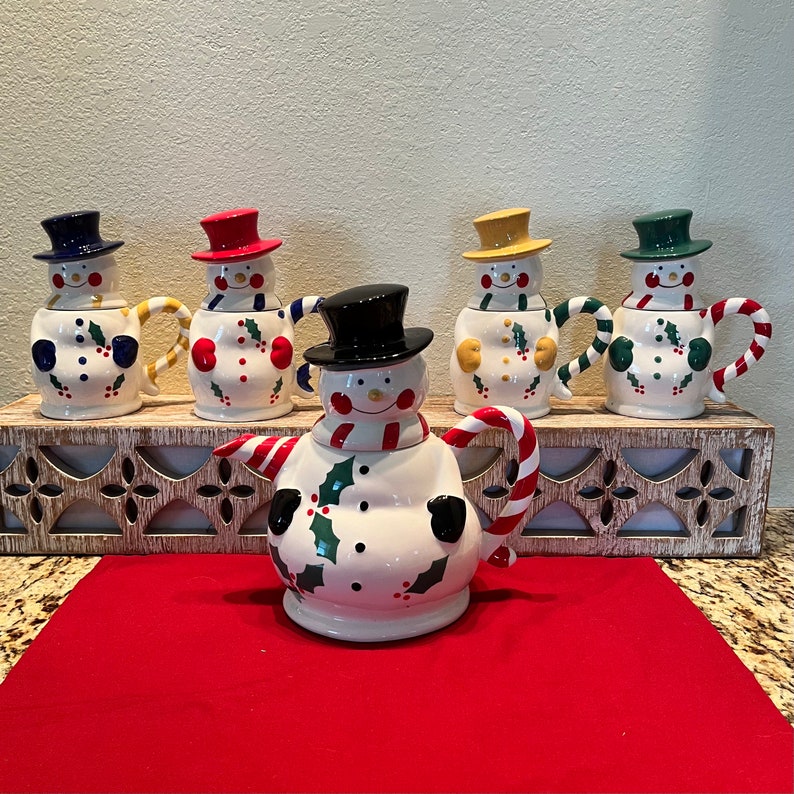Temp-tations Ceramic Snowman Tea Set. 5 Pice Set. Teapot and 4 Mugs ...