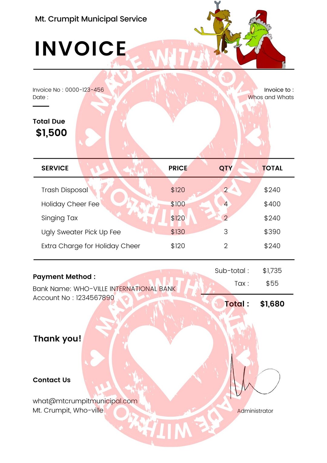 An Invoiced Bill From the Grinch- Digital Download Printable PDF - Etsy