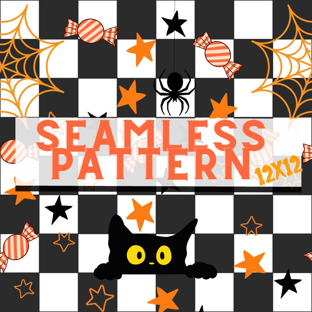 Checkered Seamless Halloween Cats and Spiders , PNG + SVG + JPG ...
