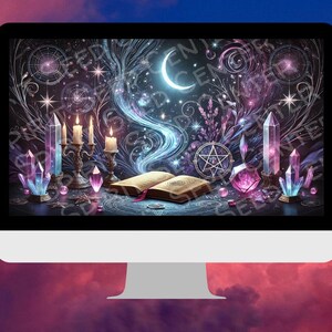 Mystical Witchy Desktop Wallpaper | Crescent Moon & Crystals ...