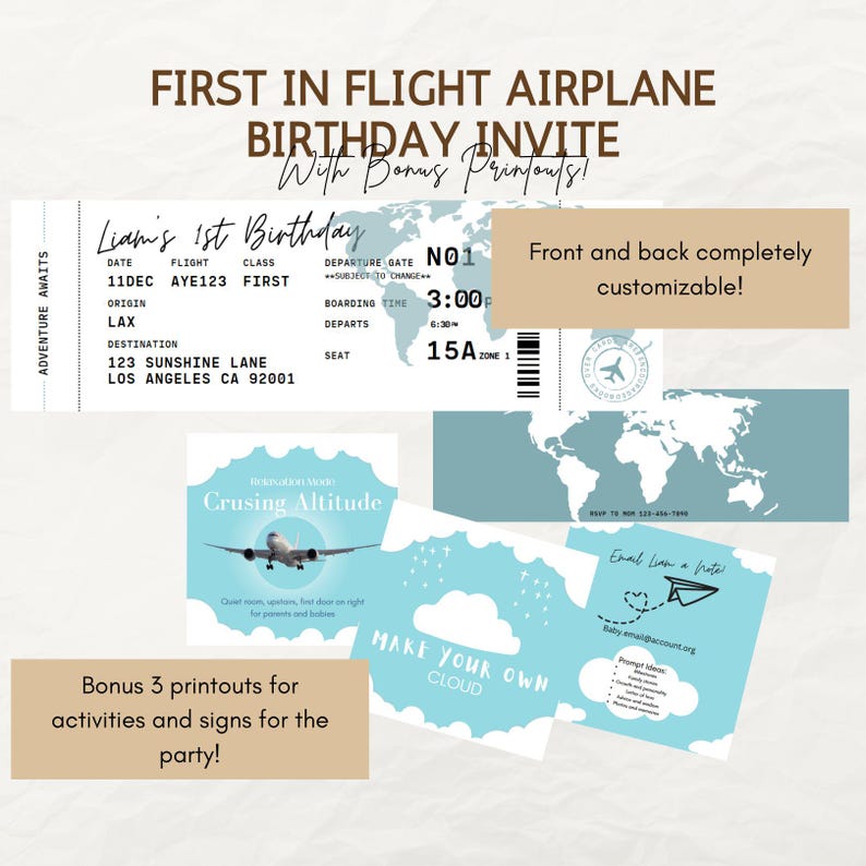First in Flight Airplane Birthday Theme Party Invitations and ...