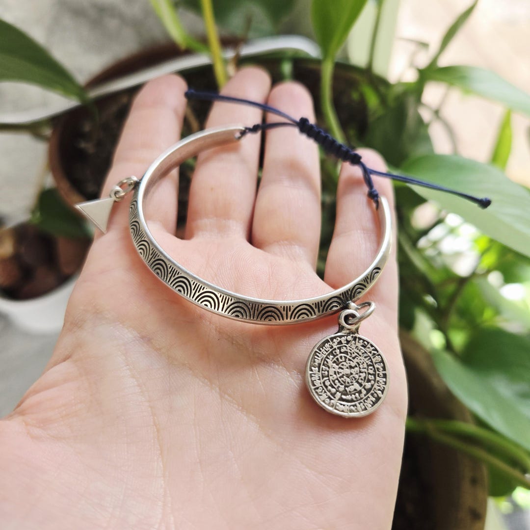Tribal Native Mayan Style Silver Coin Geometric Charm Cord Bangle ...