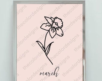 Birth Flower March Daffodil Line Drawing Home Decor Printable Flower ...